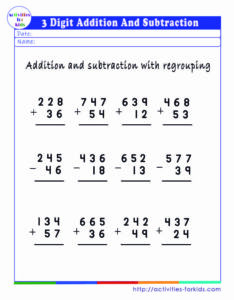 Free printable 3 digit addition and subtraction with regrouping