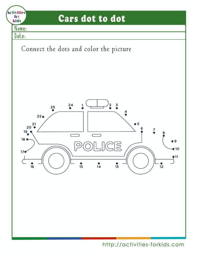 Free printable cars dot to dot worksheets