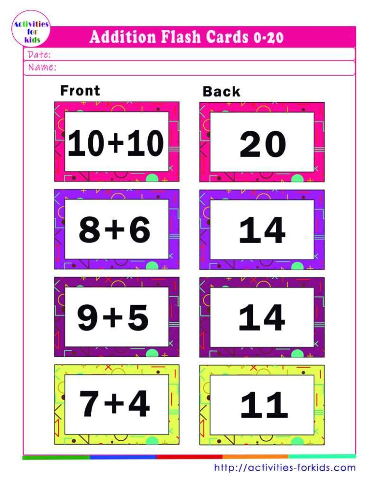Free Addition Flash Cards 0-20 Printables