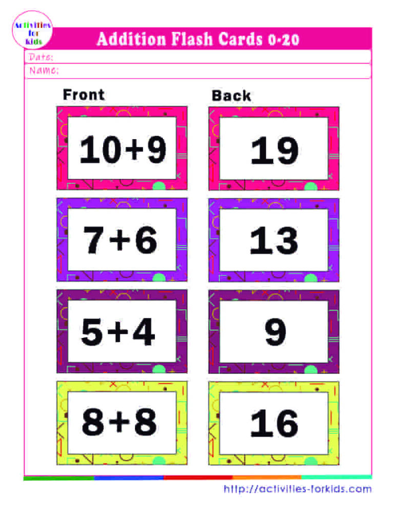 Free Addition Flash Cards 0-20 Printables