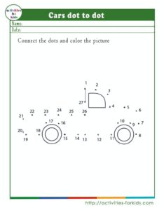 Free printable cars dot to dot worksheets