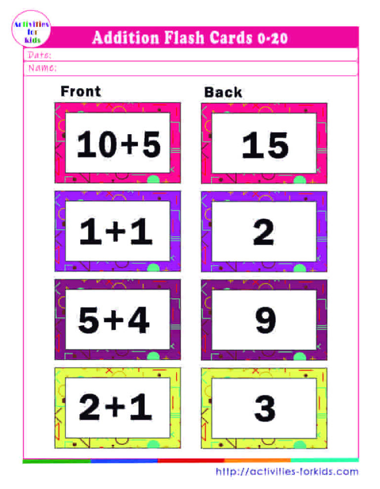 Free Addition Flash Cards 0-20 Printables