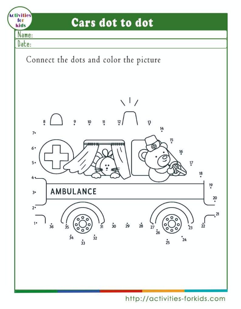 Free printable cars dot to dot worksheets