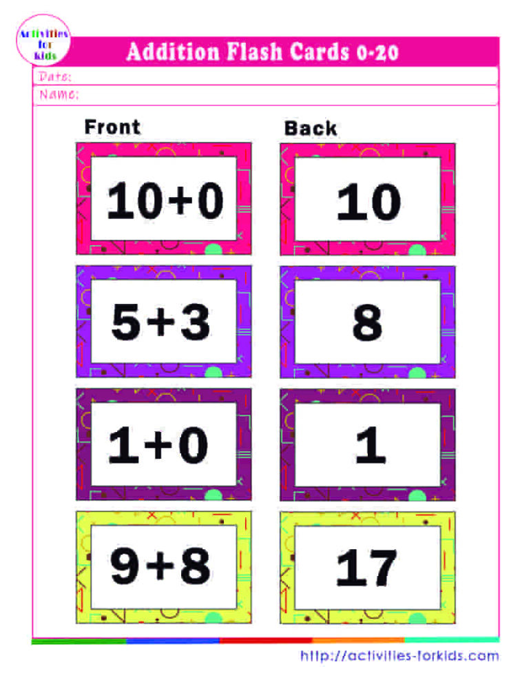 Free Addition Flash Cards 0-20 Printables