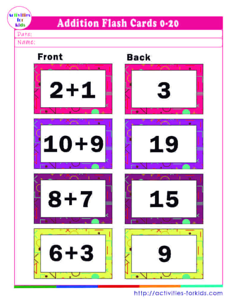 Free Addition Flash Cards 0-20 Printables