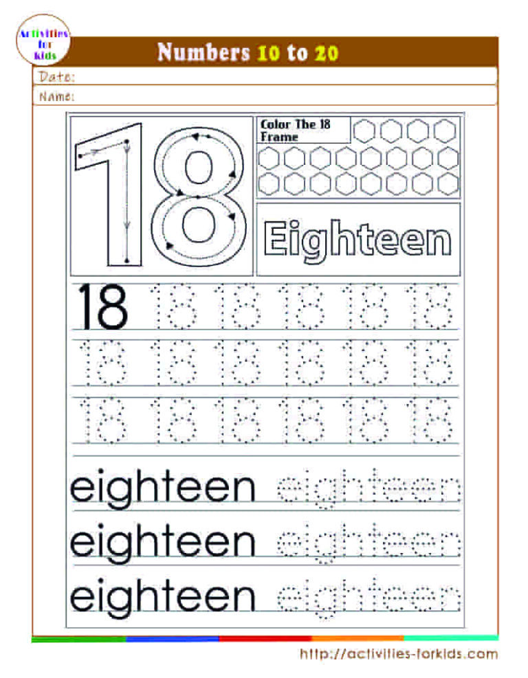 Number 10-20 worksheets printable pdf