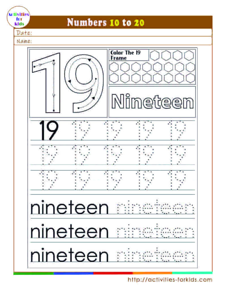 Number 10-20 worksheets printable pdf