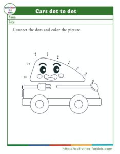 Free printable cars dot to dot worksheets