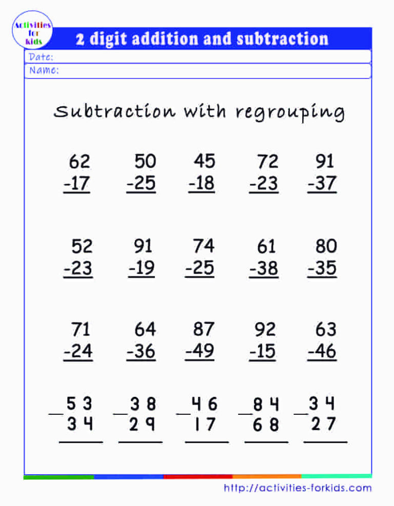 Free printable 2 digit addition and subtraction with regrouping