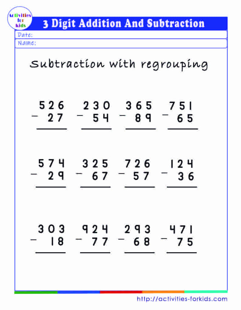 Free printable 3 digit addition and subtraction with regrouping