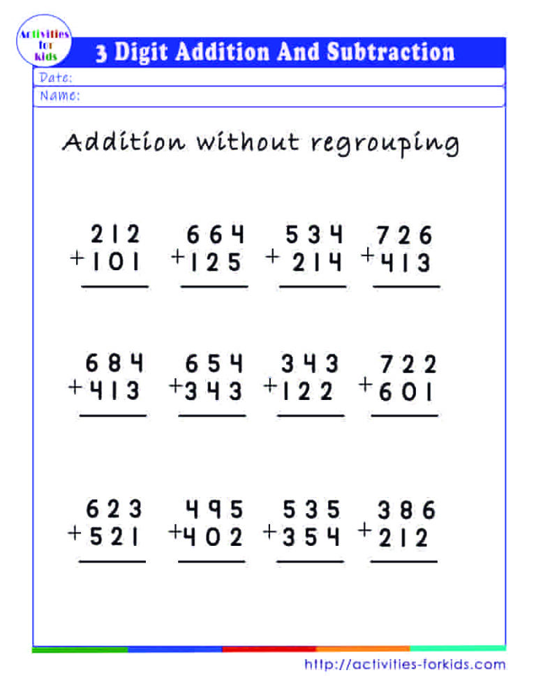 3 digit addition and subtraction without regrouping worksheets