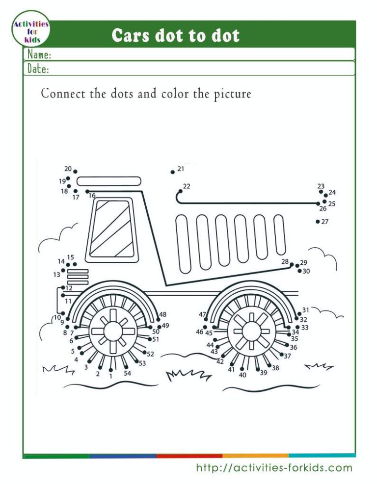 Free printable cars dot to dot worksheets
