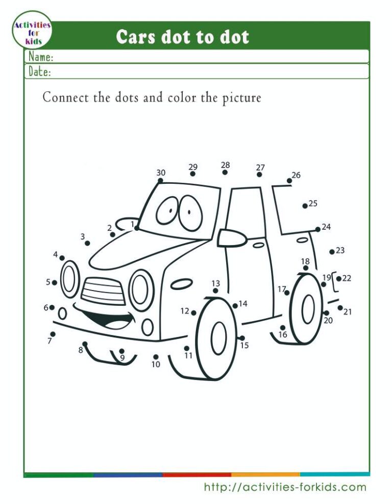 Free printable cars dot to dot worksheets