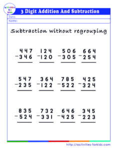 3 digit addition and subtraction without regrouping worksheets