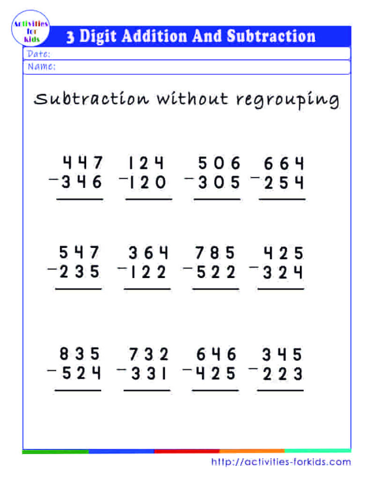 3 digit addition and subtraction without regrouping worksheets
