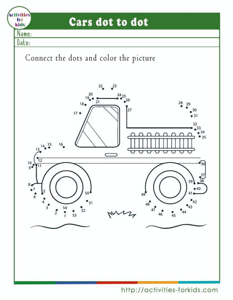 Free printable cars dot to dot worksheets