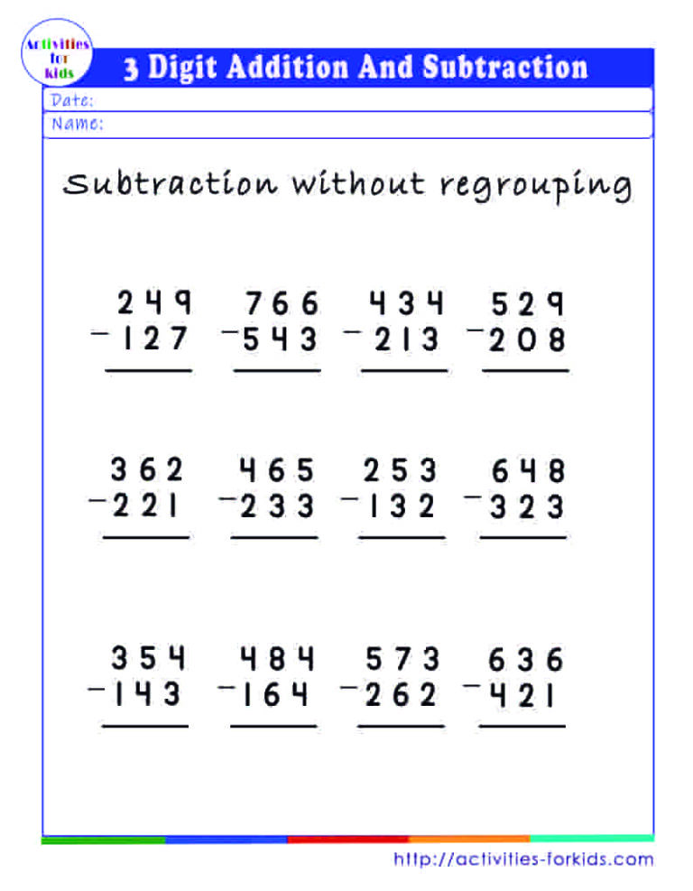 3 digit addition and subtraction without regrouping worksheets