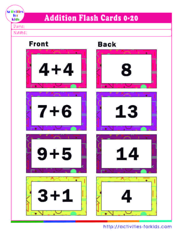 Free Addition Flash Cards 0-20 Printables