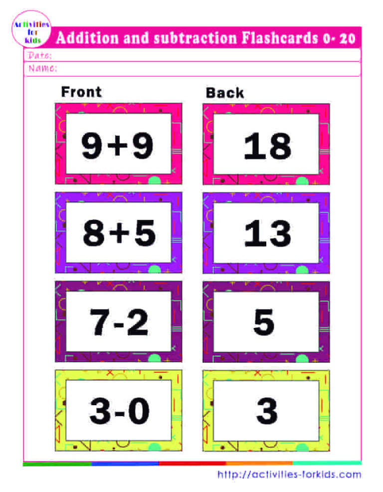Addition and subtraction flash cards 0-20 printable free