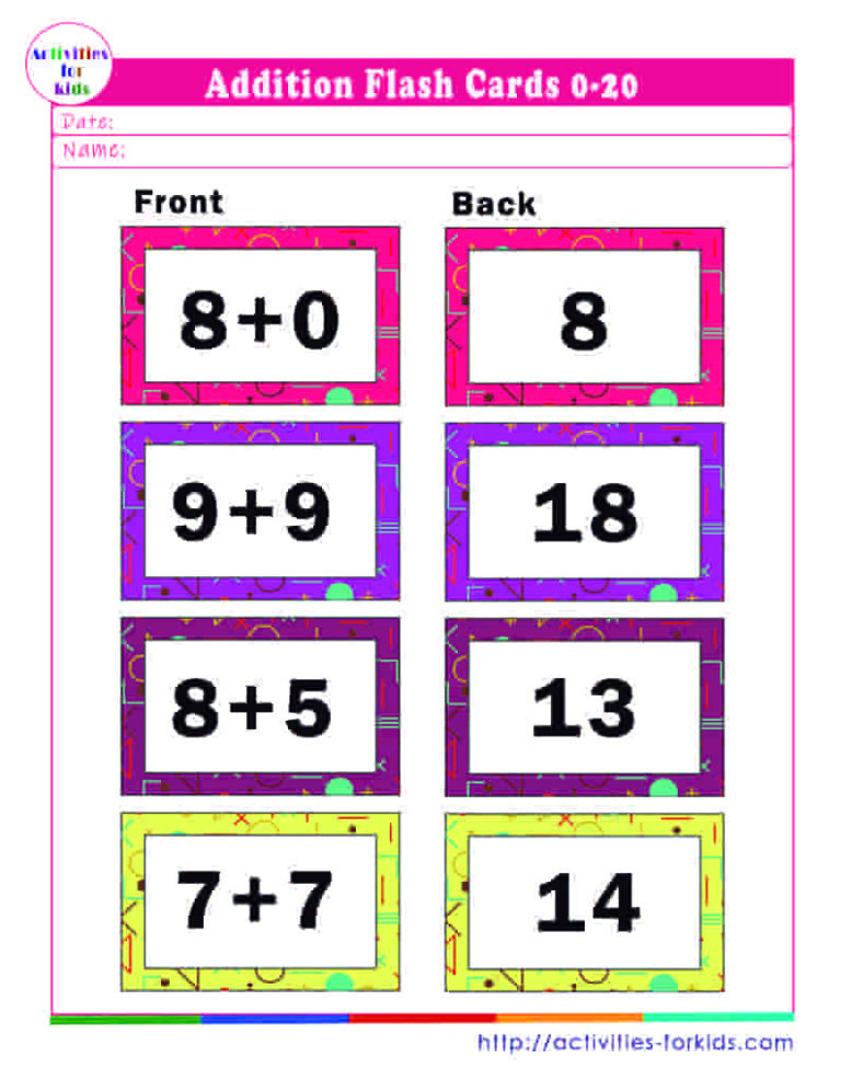Free Addition Flash Cards 0-20 Printables