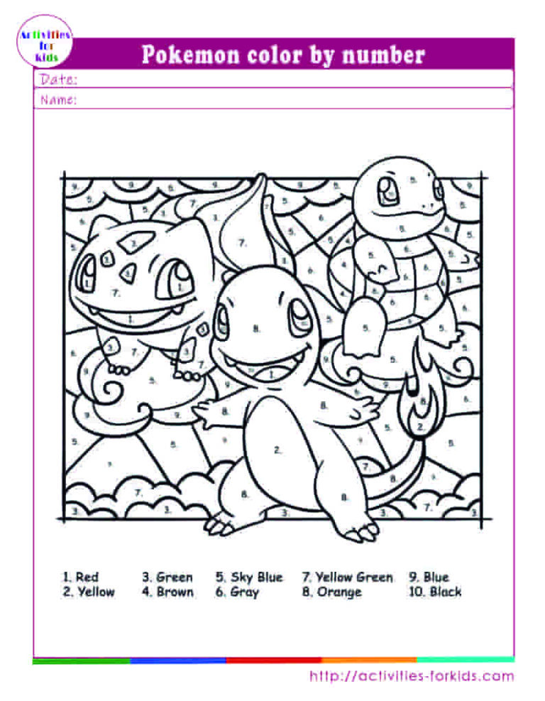 Pokemon color by number free printable