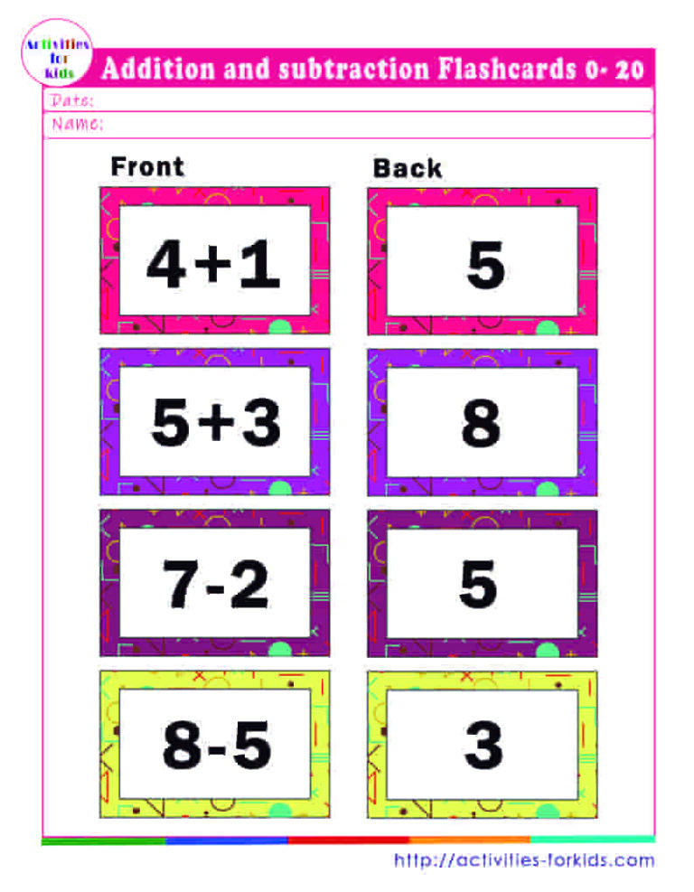Addition and subtraction flash cards 0-20 printable free