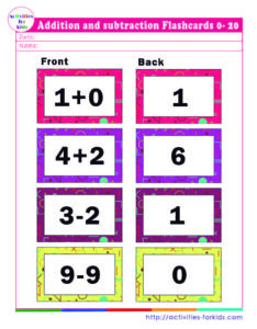 Addition and subtraction flash cards 0-20 printable free