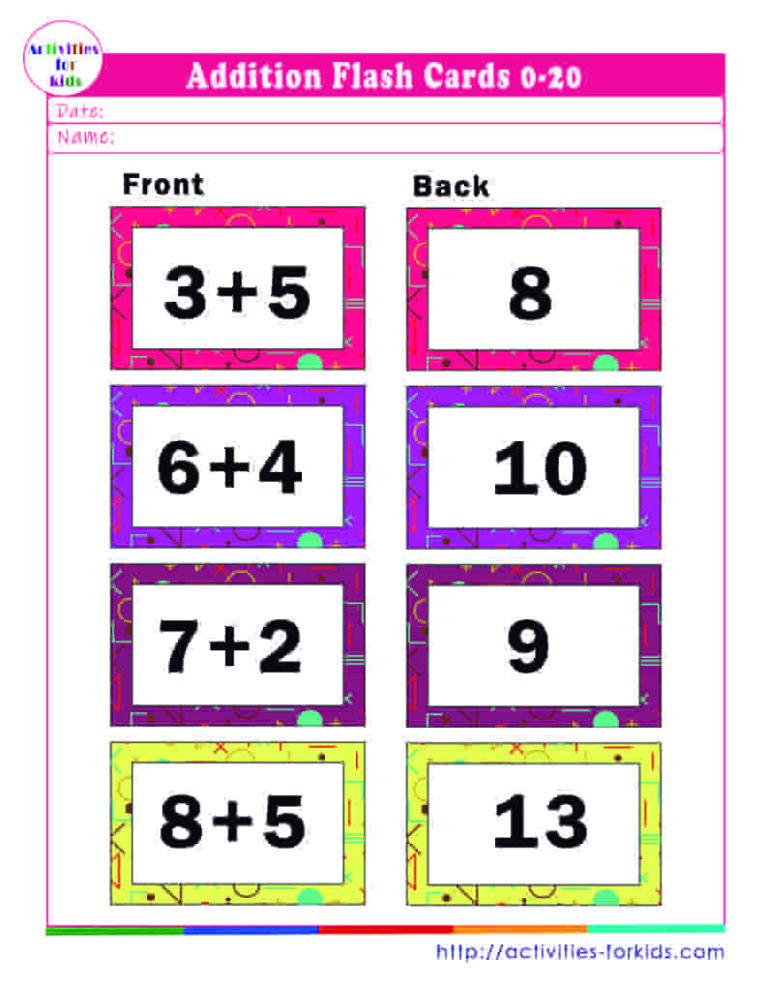 Free Addition Flash Cards 0-20 Printables