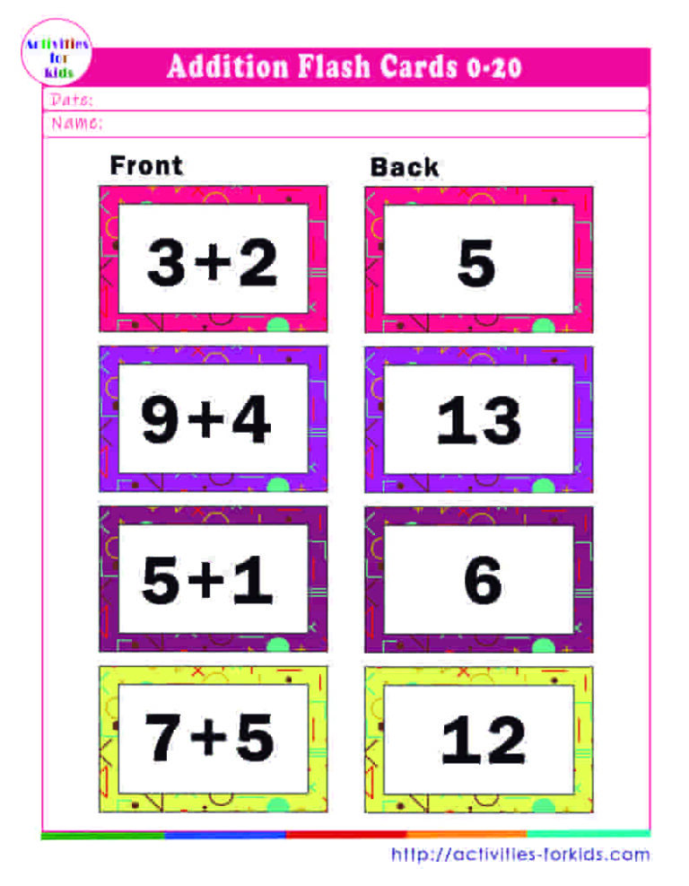Free Addition Flash Cards 0-20 Printables