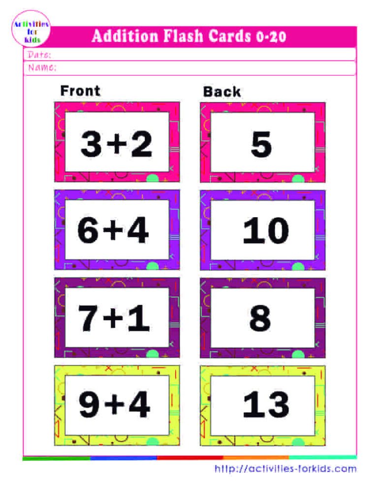 Free Addition Flash Cards 0-20 Printables