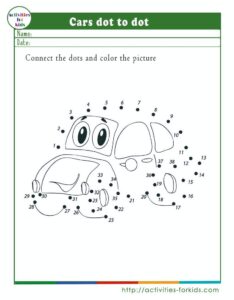 Free printable cars dot to dot worksheets