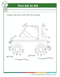 Free printable cars dot to dot worksheets