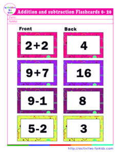 Addition and subtraction flash cards 0-20 printable free