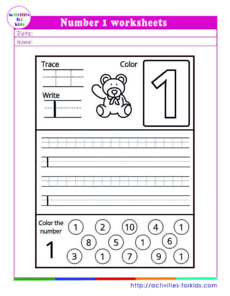 Number 1 worksheets free printable
