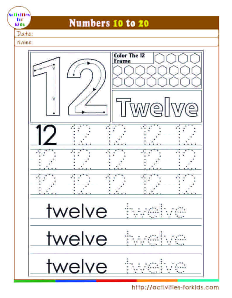 Number 10-20 worksheets printable pdf