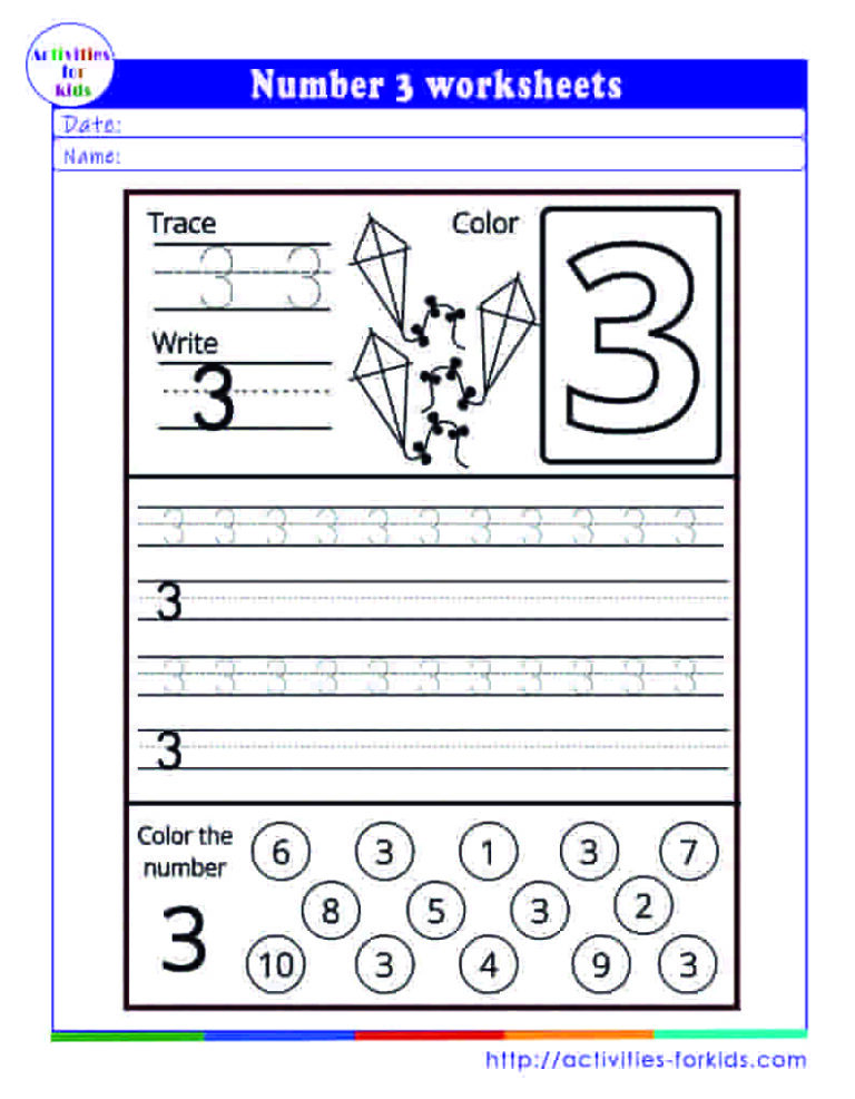 Number 3 worksheets free printable