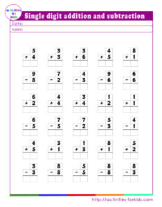 Single digit addition and subtraction worksheets with pictures